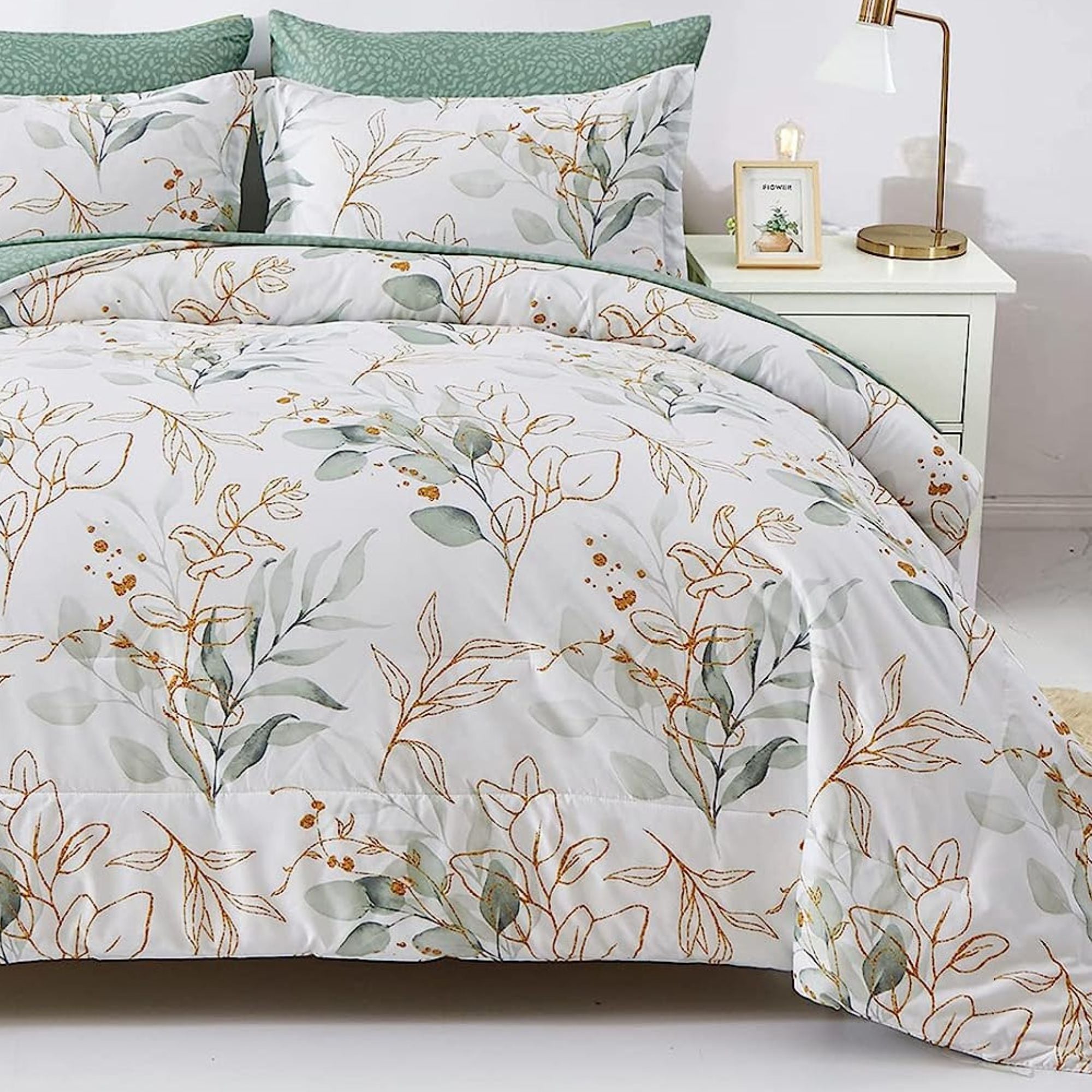 Botanical Green & Gold Leaves 7 Piece Comforter Set – Maxtona