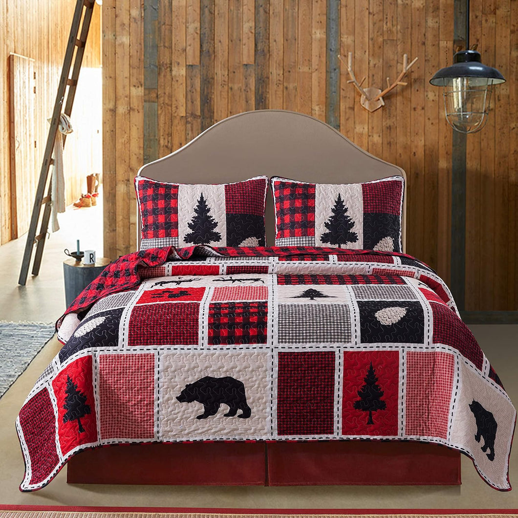Farmhouse Plaid Check Patchwork 3 Piece Bedding Quilt Set – Maxtona