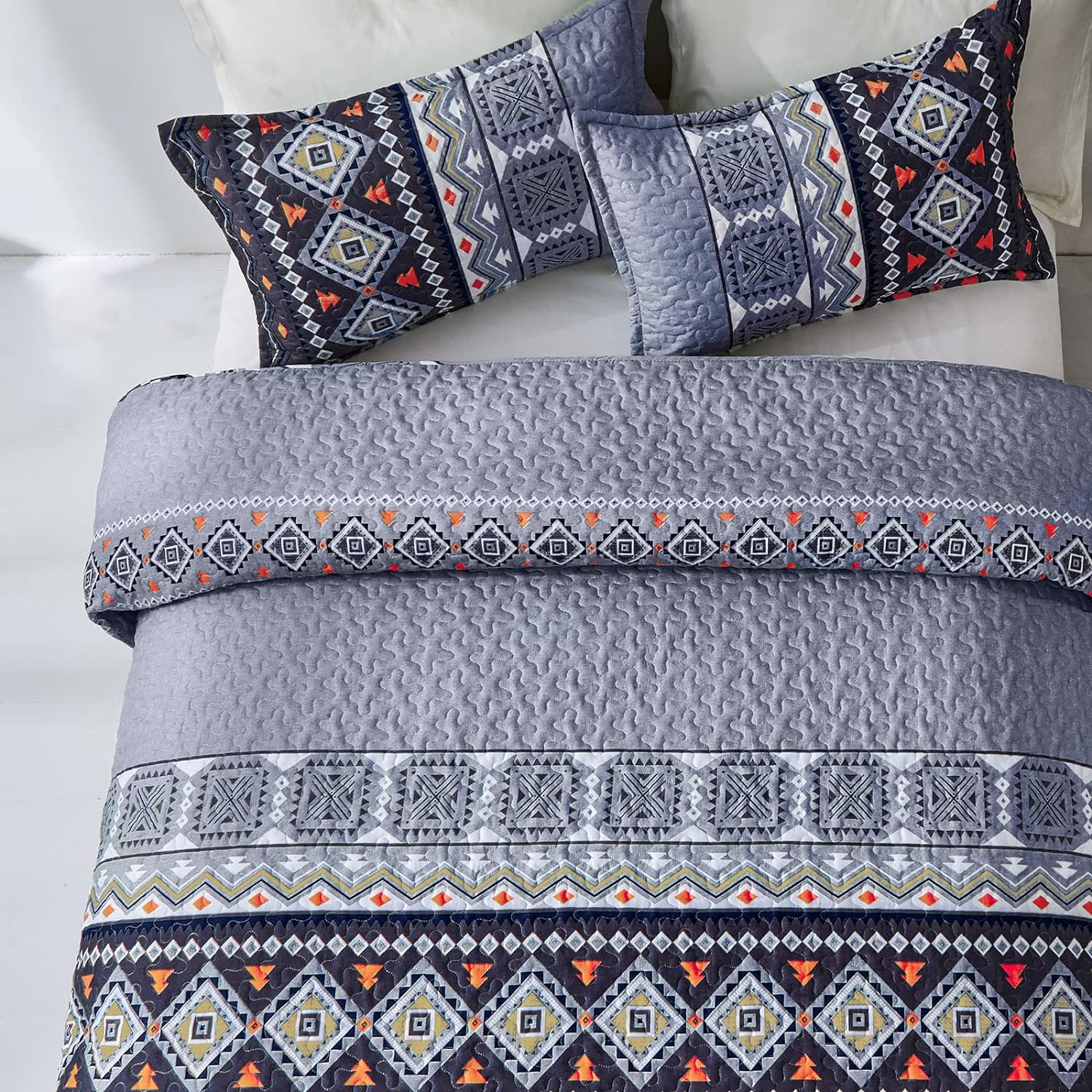 Boho Aztec Navy Blue Reversible 3 Piece Quilt Set – Maxtona